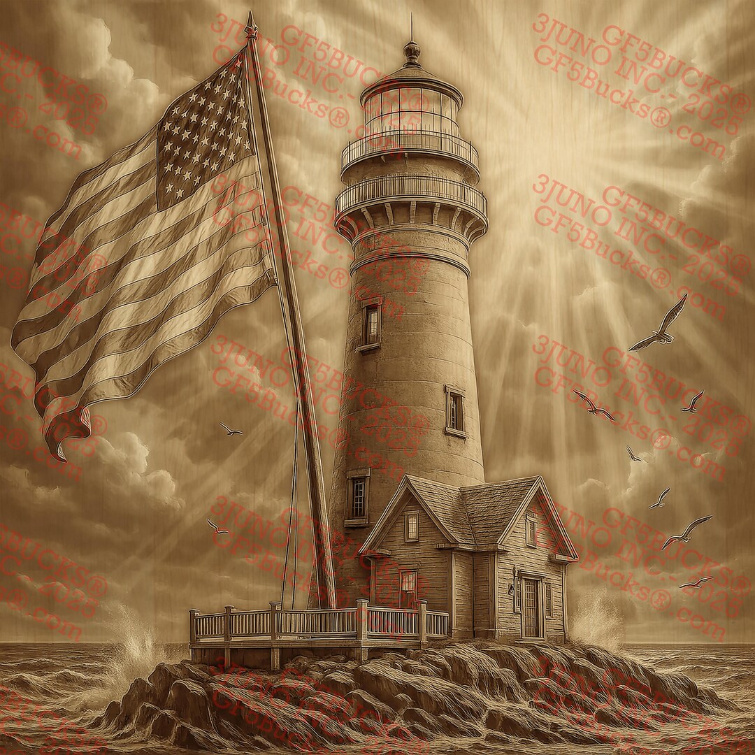3D Illusion Lighthouse With American Flag PNG - 14x14 Laser Engraving ...