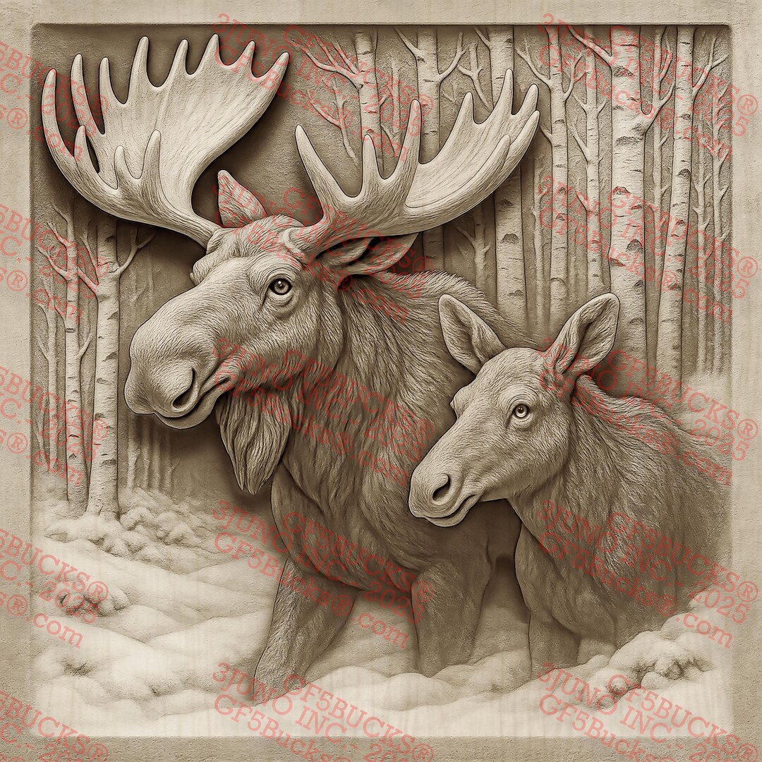 3D Illusion Moose PNG – Bull and Cow Moose in Snowy Birch Forest for ...