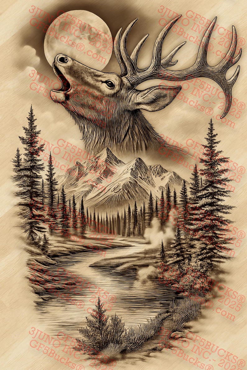 3D Illusion Elk and Moon PNG – Mountain Wildlife River Scene – Laser ...