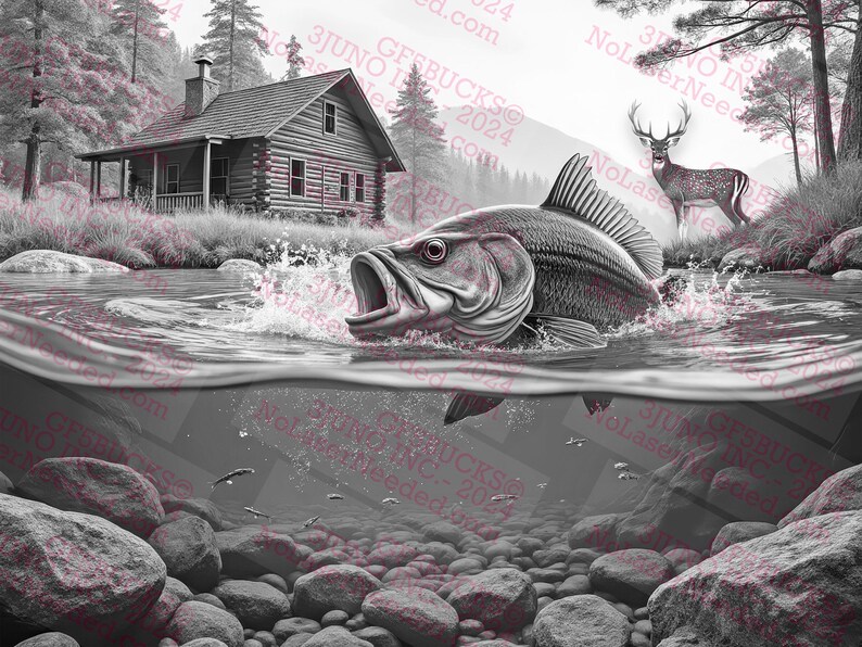 3D Illusion Largemouth Bass Jumping Scene for Laser Engraving Art L PNG ...