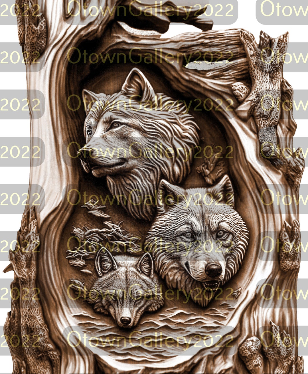 Wolf & Wolves in Carved Wood Style - 3D Illusion PNG for Laser ...
