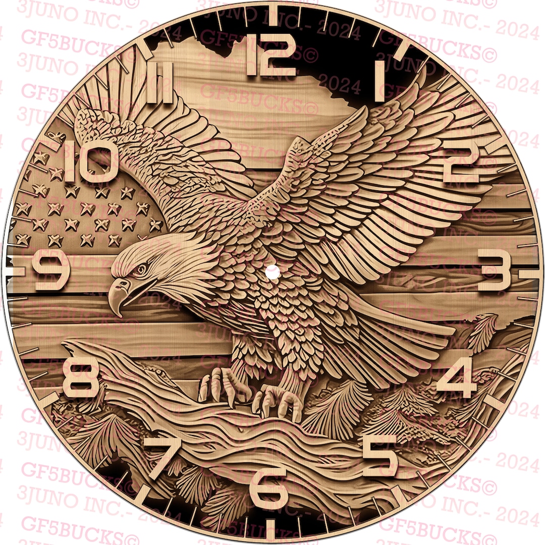 3D Illusion Eagle Clock - Laser Ready PNG Digital File for Engraving ...