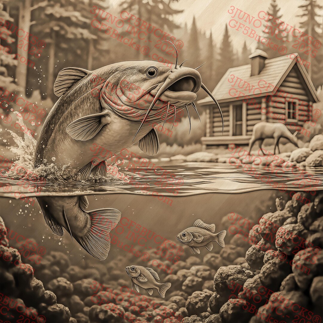 3D Illusion Catfish PNG – Cabin Lake Split Scene – Laser Engraving ...