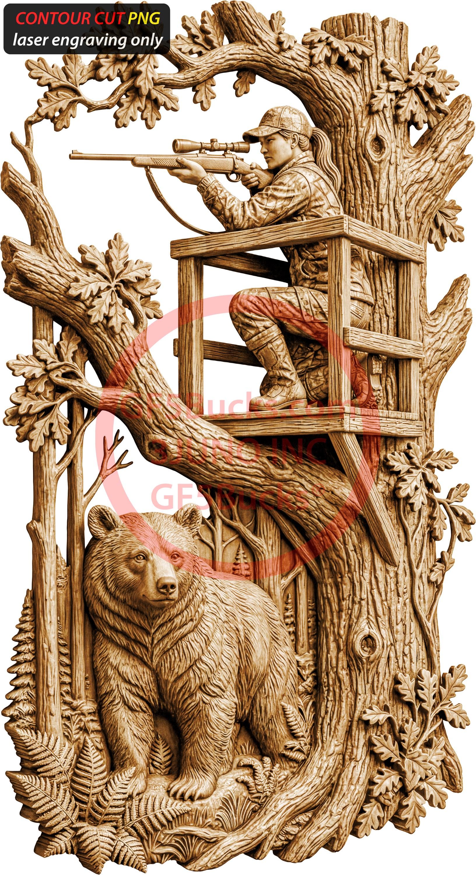 3D Illusion Laser-ready PNG | Huntress Bear | Ultra-realistic Engraving ...