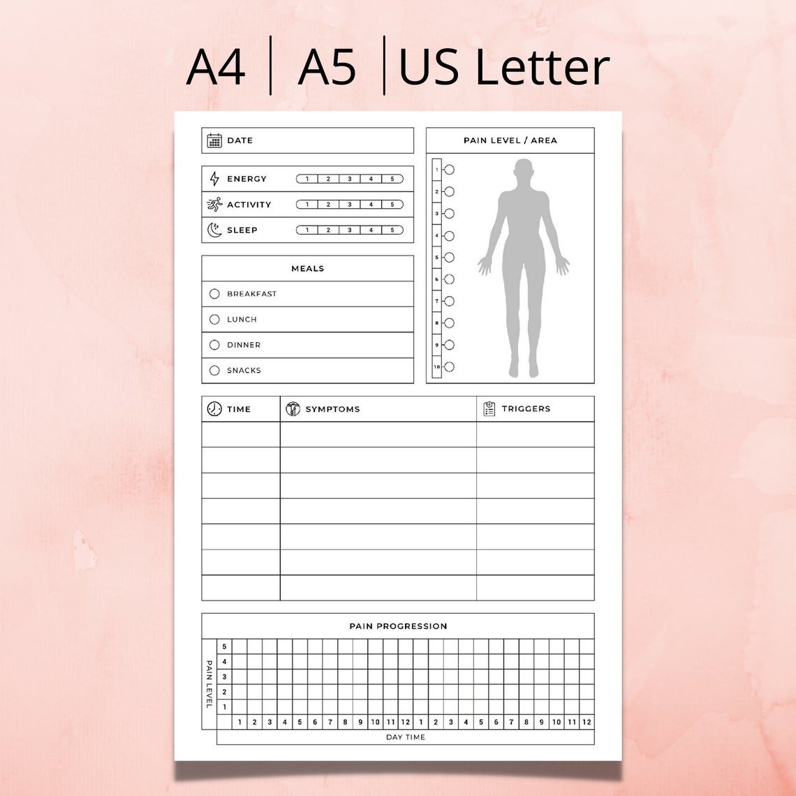 Chronic Pain Tracker Instant Download Daily Pain Log A4 - Etsy