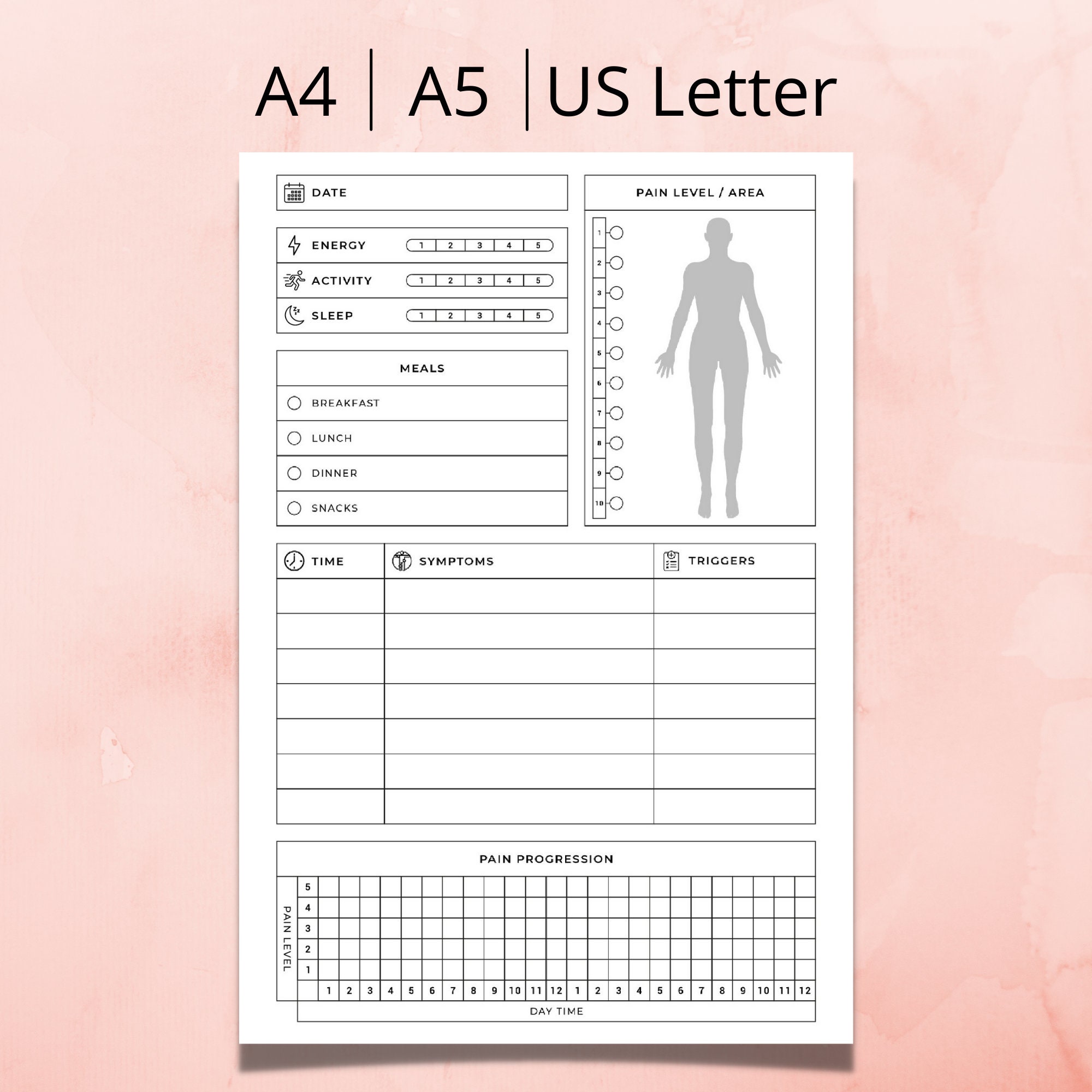Chronic Pain Tracker Instant Download Daily Pain Log A4 - Etsy