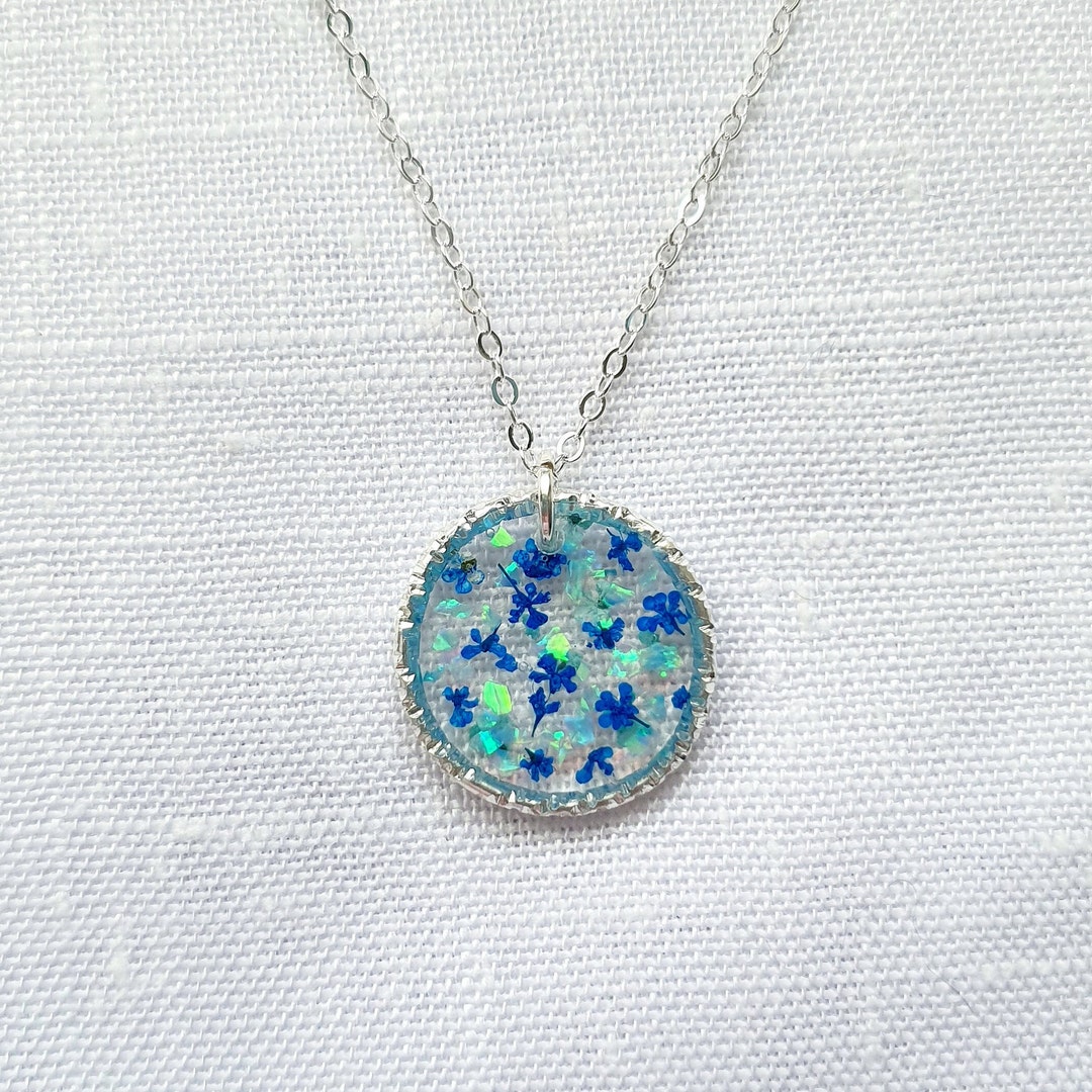 Shades of Blue Queen Annes Lace Flower Petals With Crushed Opals Set in ...