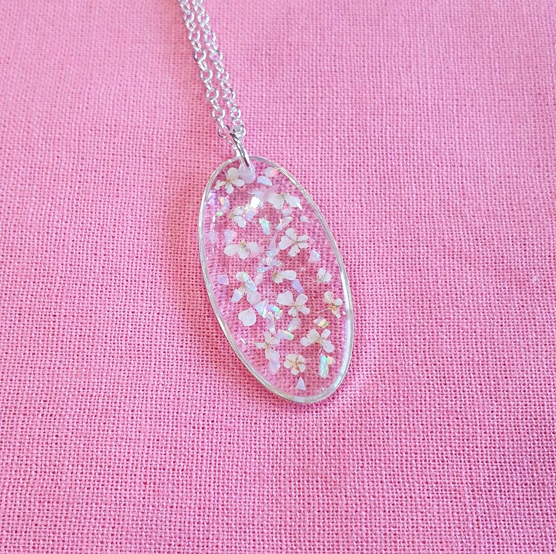 Real Tiny White Queen Annes Lace Petals and Crushed Opals Set in Resin ...