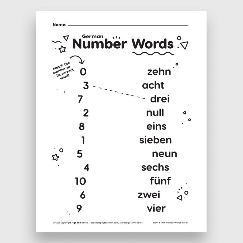 German Number Words Matching Printable Worksheet Grades Prek and Up - Etsy