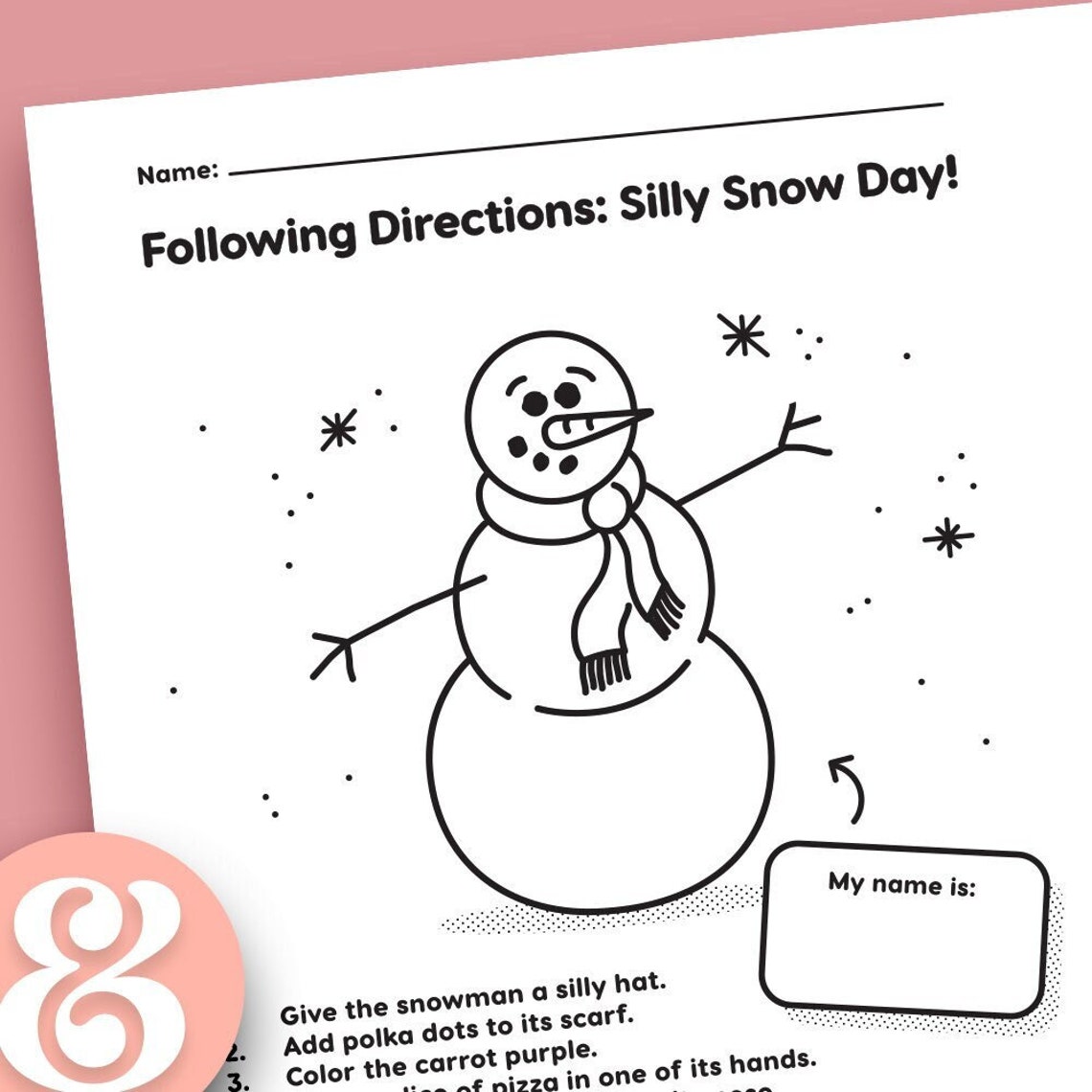 Following Directions: Silly Snow Day Fun Printable Worksheet Grades K-3 ...