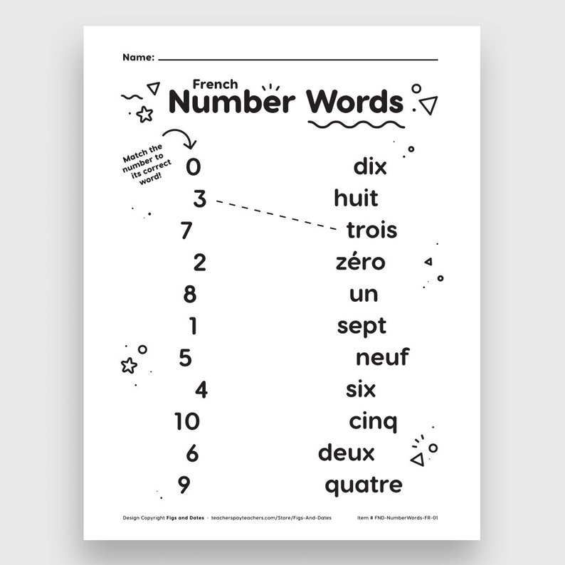 French Number Words Matching • Printable Worksheet Grades Prek and Up ...