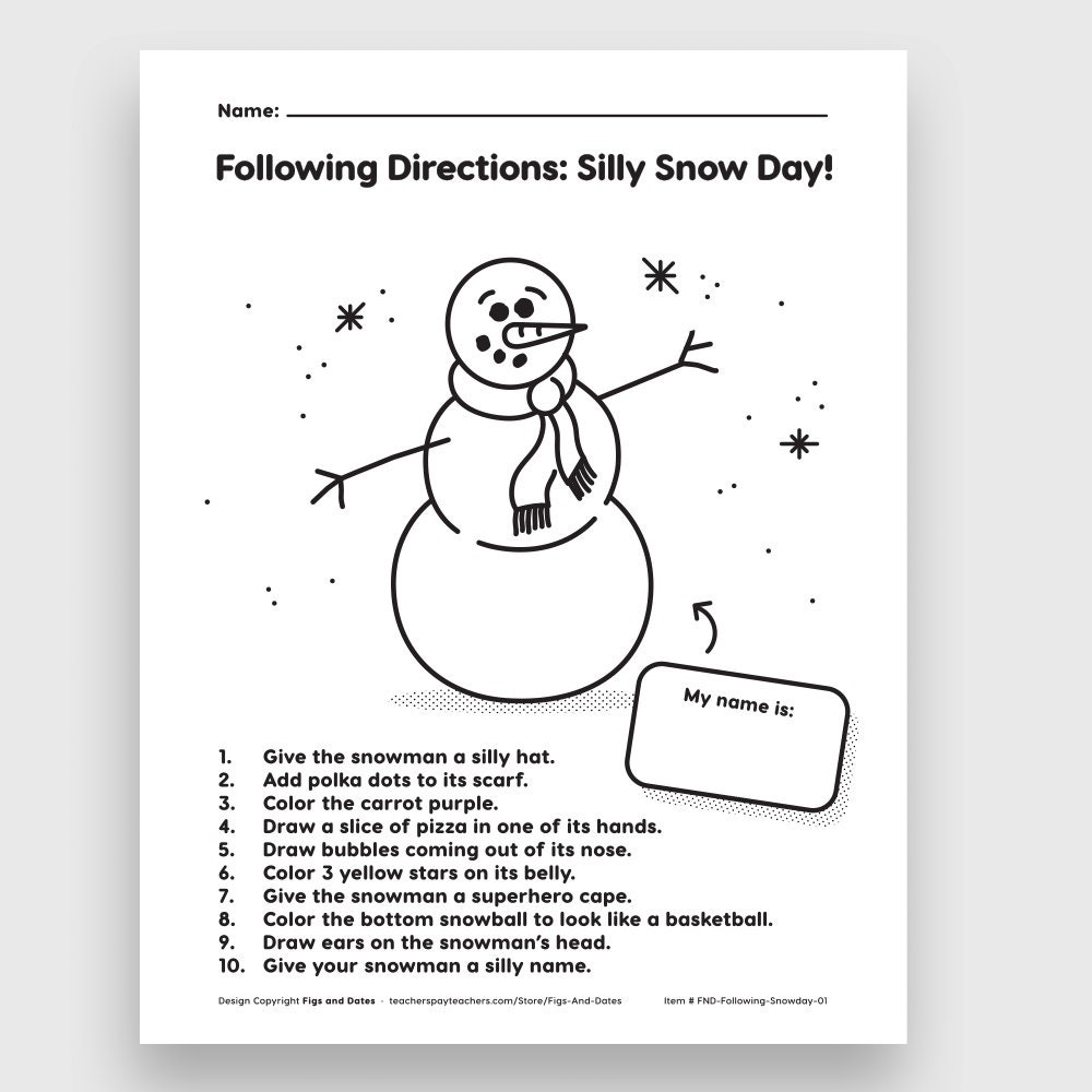 Following Directions: Silly Snow Day • Fun Printable Worksheet Grades K ...
