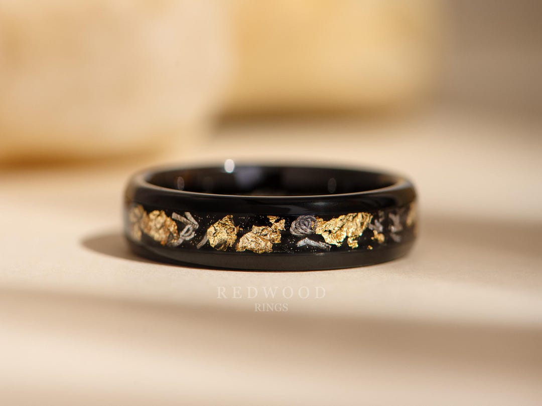 Gold Leaf and Meteorite Ring, Black Wedding Ring, Polished Tungsten ...