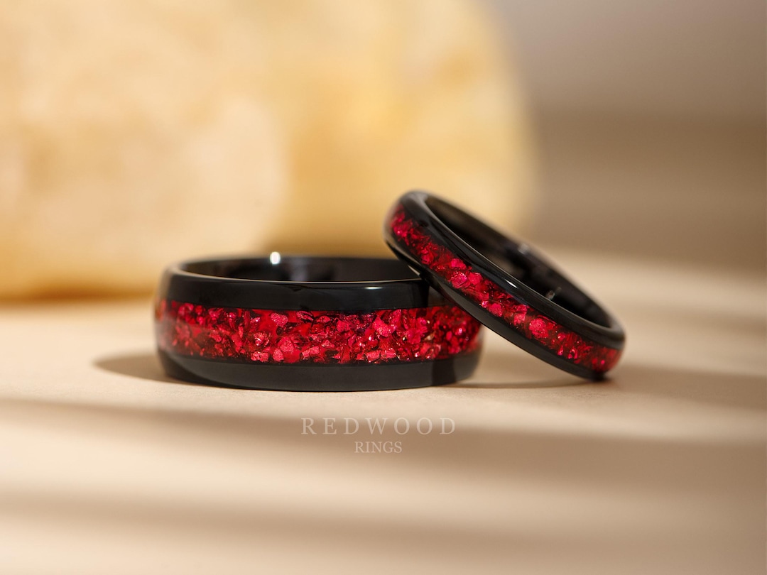 Black Garnet Ring Set, Matching Wedding Bands, 8MM Ring, 4MM Band ...