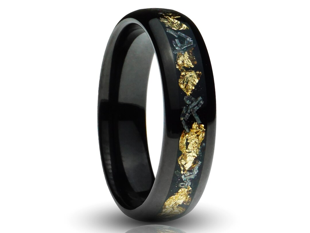 Gold Leaf and Meteorite Ring Black Wedding Ring Polished - Etsy