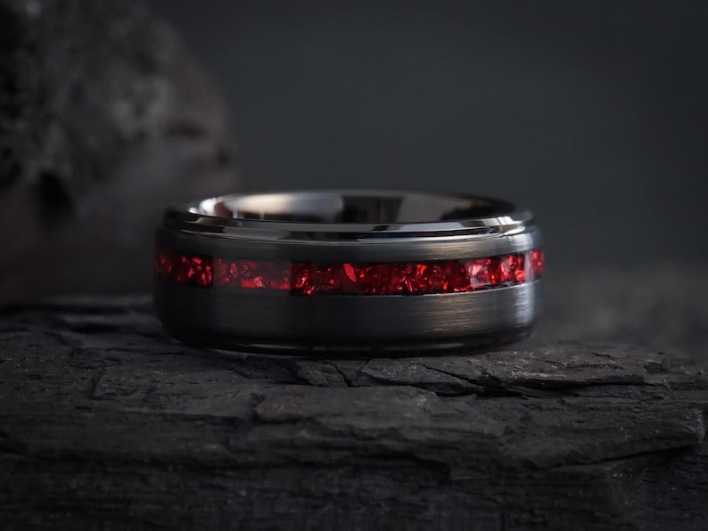 Mens Statement Ring: Black Tungsten With Red Garnet Inlay, 8MM Band - Etsy