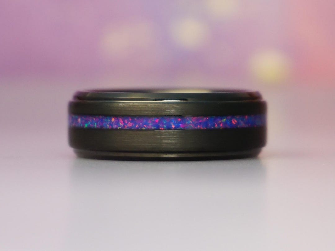 Twilight Tungsten Ring, Mens Jewelry, Gift for Dad, Brushed Black With Indigo Opal Inlay, Matte ...