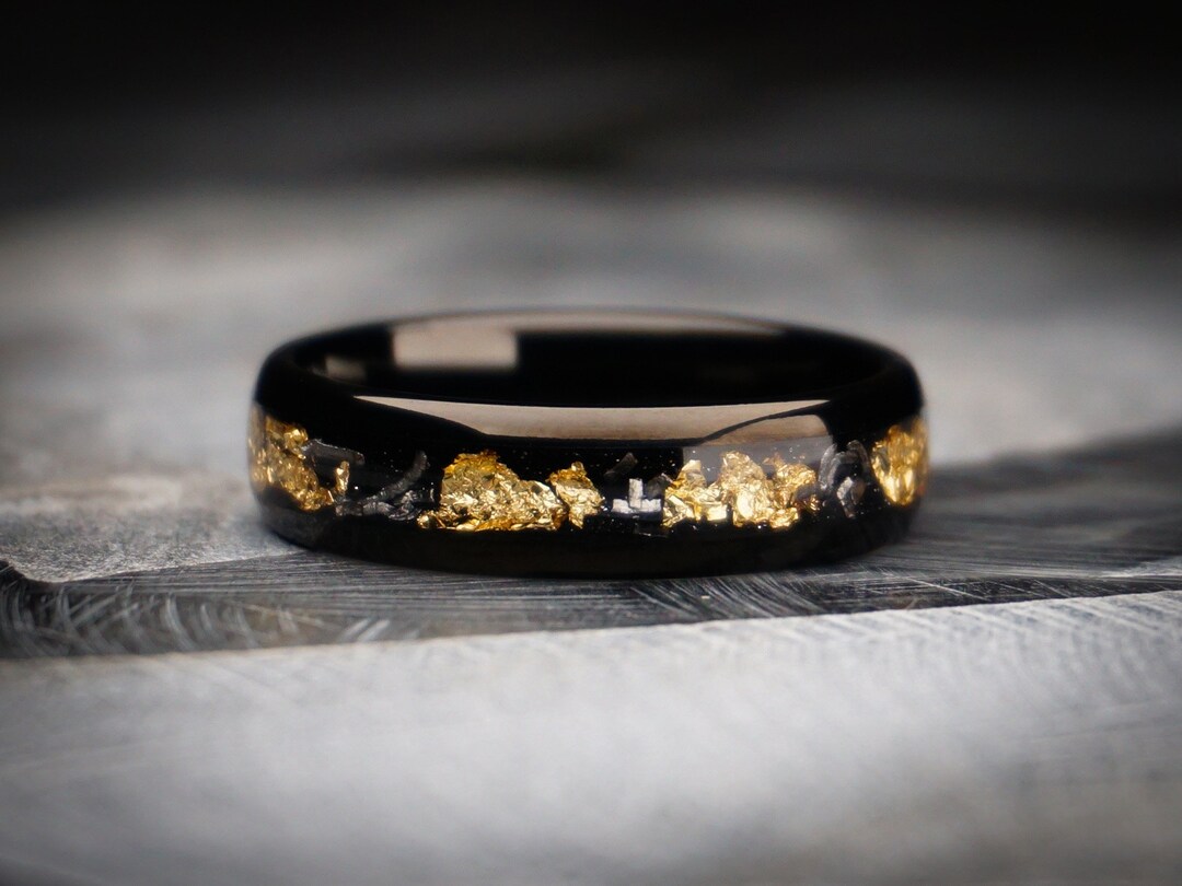 Gold Leaf and Meteorite Ring, Black Wedding Ring, Polished Tungsten ...