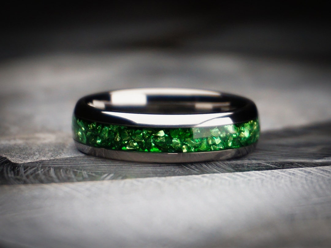 Emerald Tungsten Ring, Gemstone Wedding Band, Crushed Lab Emerald Inlay ...