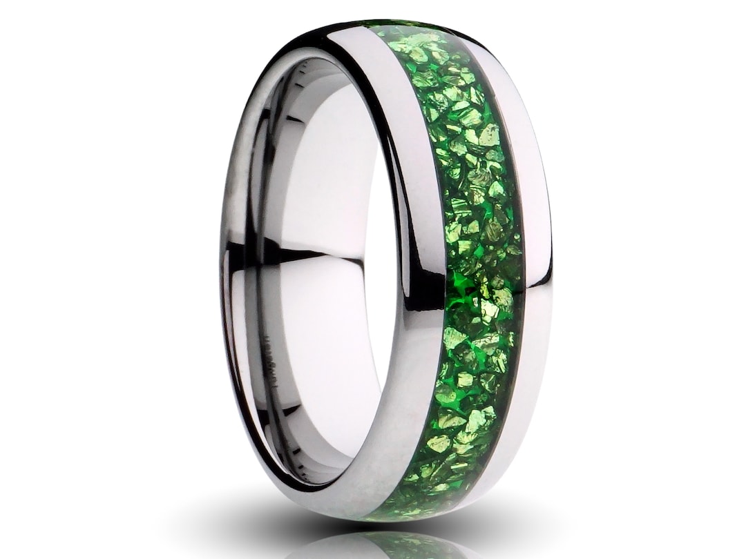 Mens Emerald Wedding Band, 8MM Silver Tungsten Ring With Green Lab ...
