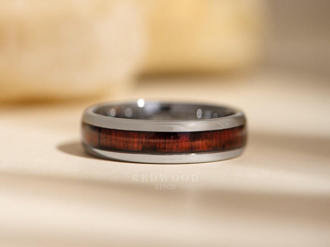 6mm Redwood Ring, Silver Tungsten Ring With Sequoia Red Wood Inlay ...