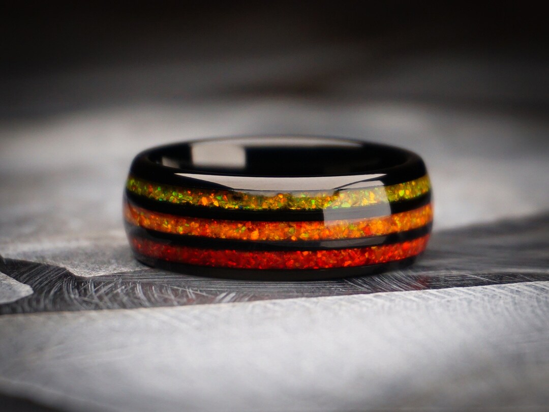 Fireball Ring, Black Wedding Band, 8mm Tungsten Ring, Anniversary Gift ...
