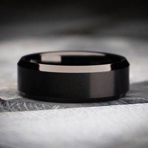 Black Mens Ring, Modern Wedding Band, 8MM Width, Beveled Ring, Men's ...