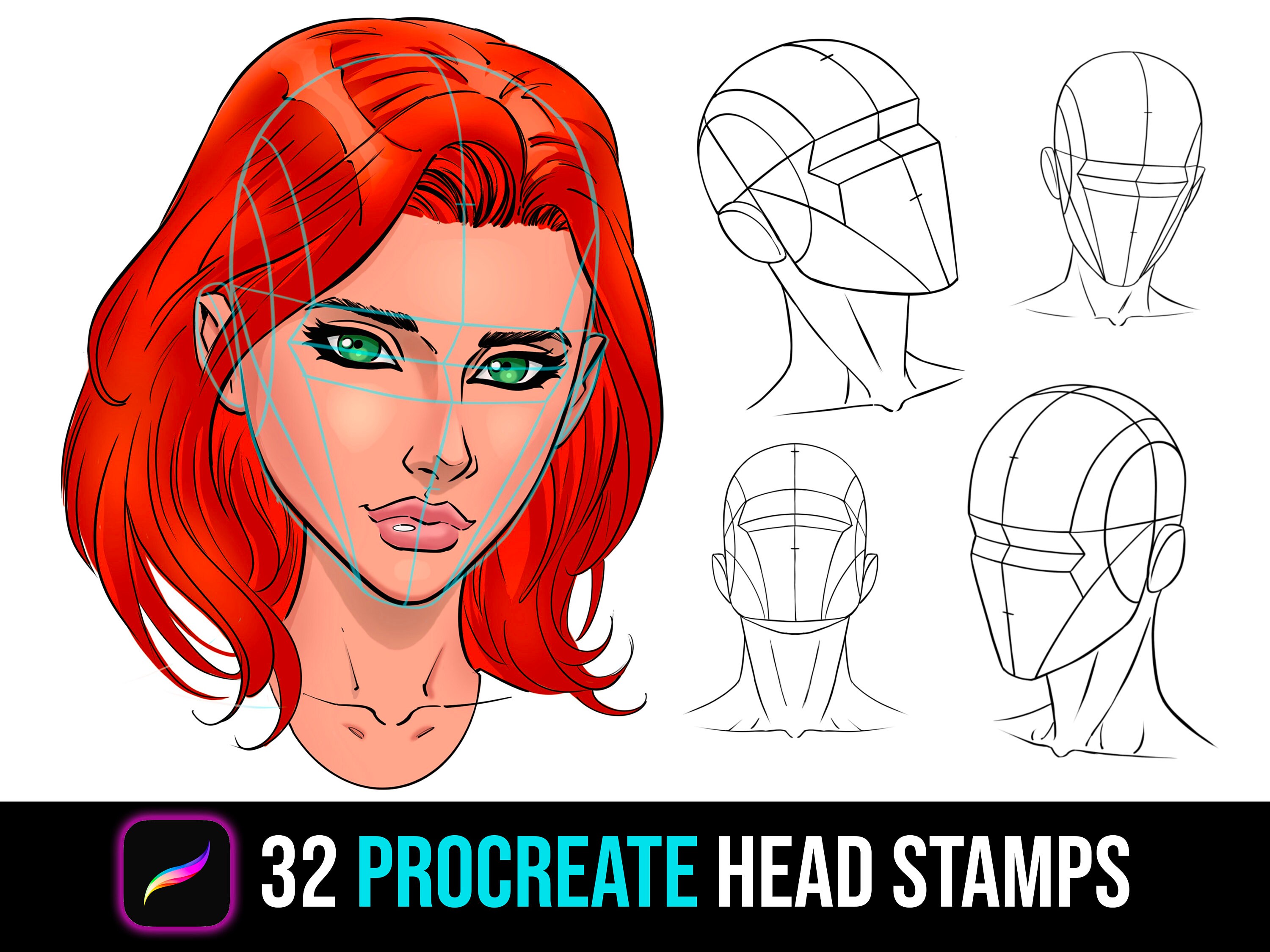 Procreate Head Poses: 32 Portrait Guides & Face Stamps (digital ...