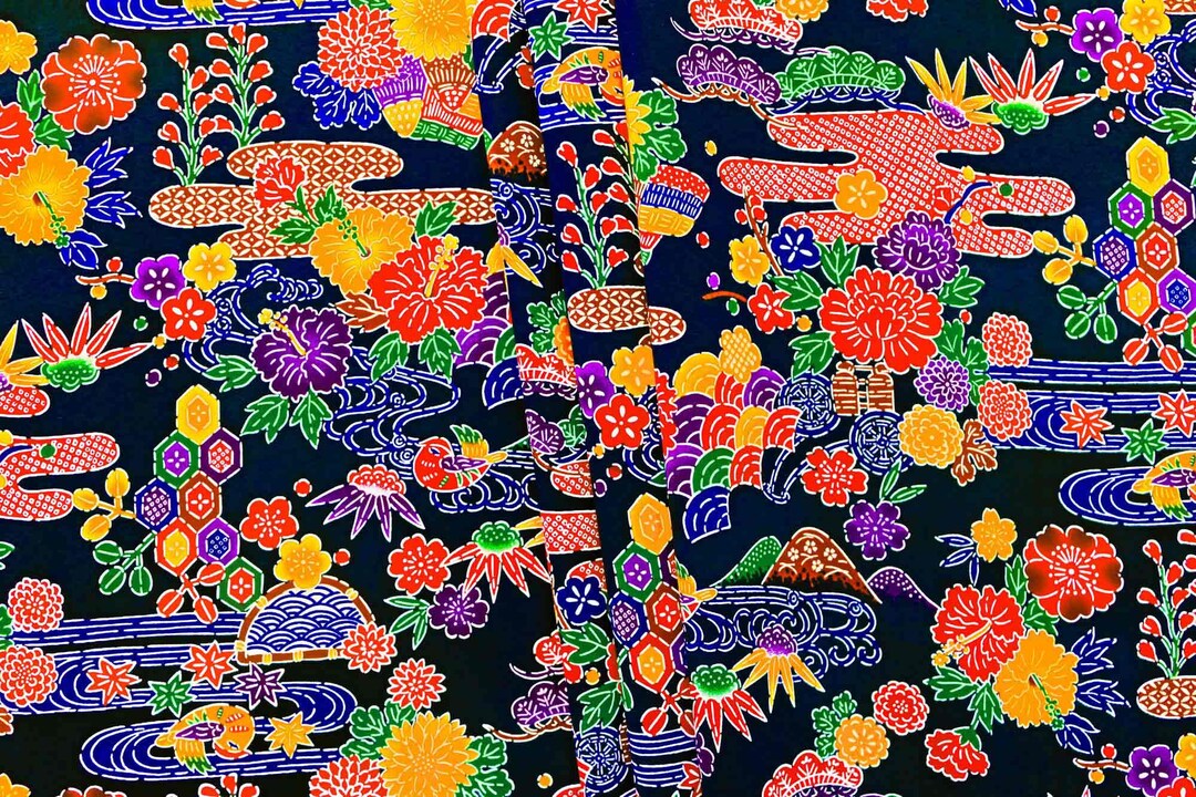 Japanese Navy Blue Hibiscus Flower Fabric Bingata Printed - Etsy