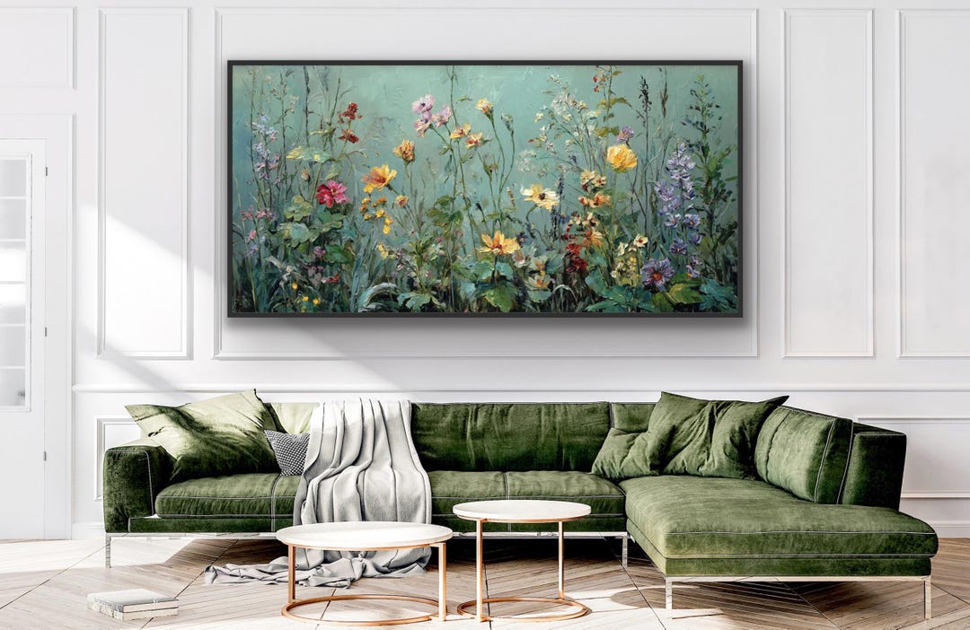 Long Horizontal Wall Art Framed Wildflower Oil Painting on Canvas ...