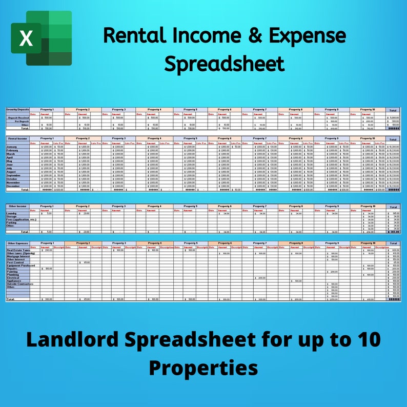 Rental Property Spreadsheet for up to 10 Properties, Rental Income ...