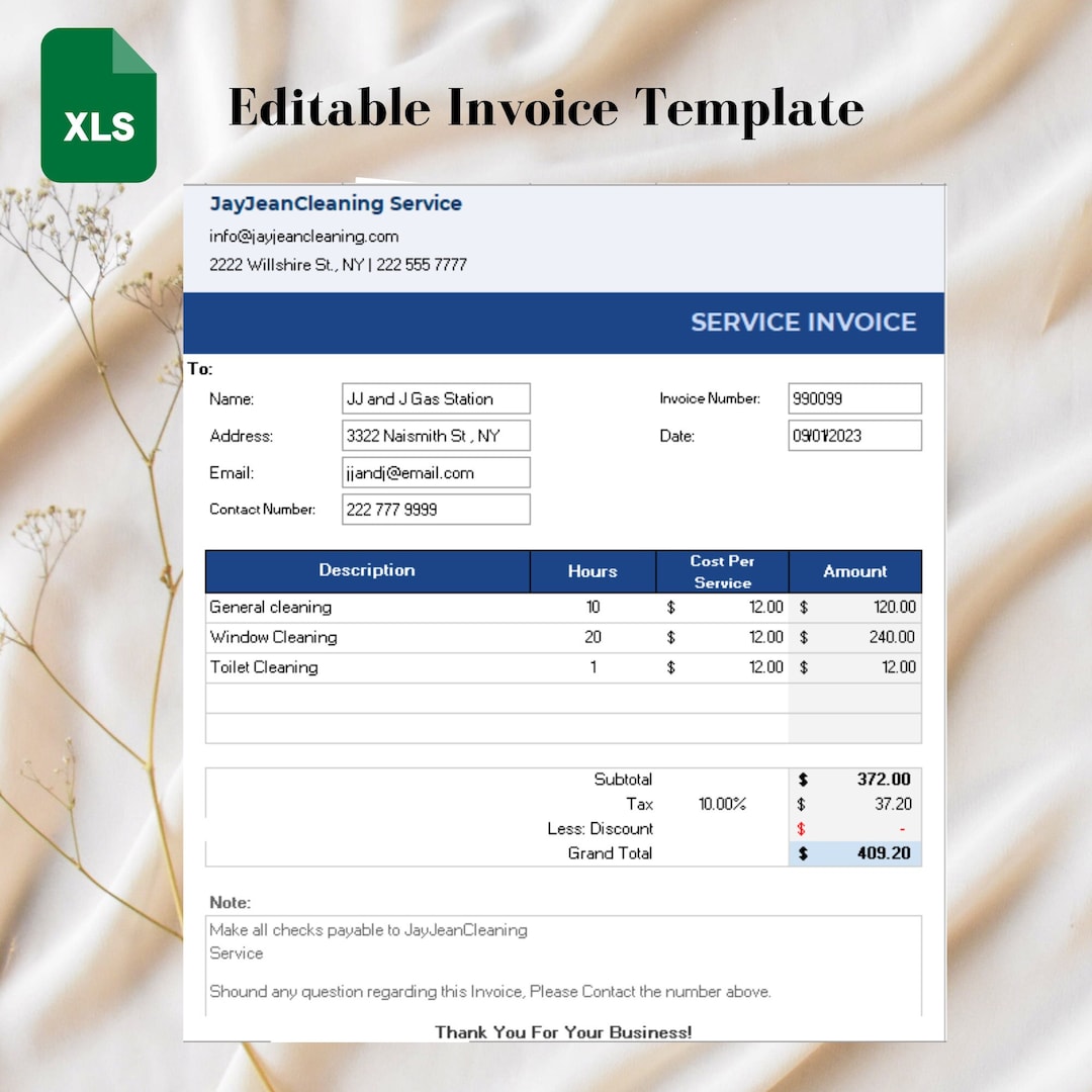 Service Invoice Template Excel, Editable Small Business Invoice ...