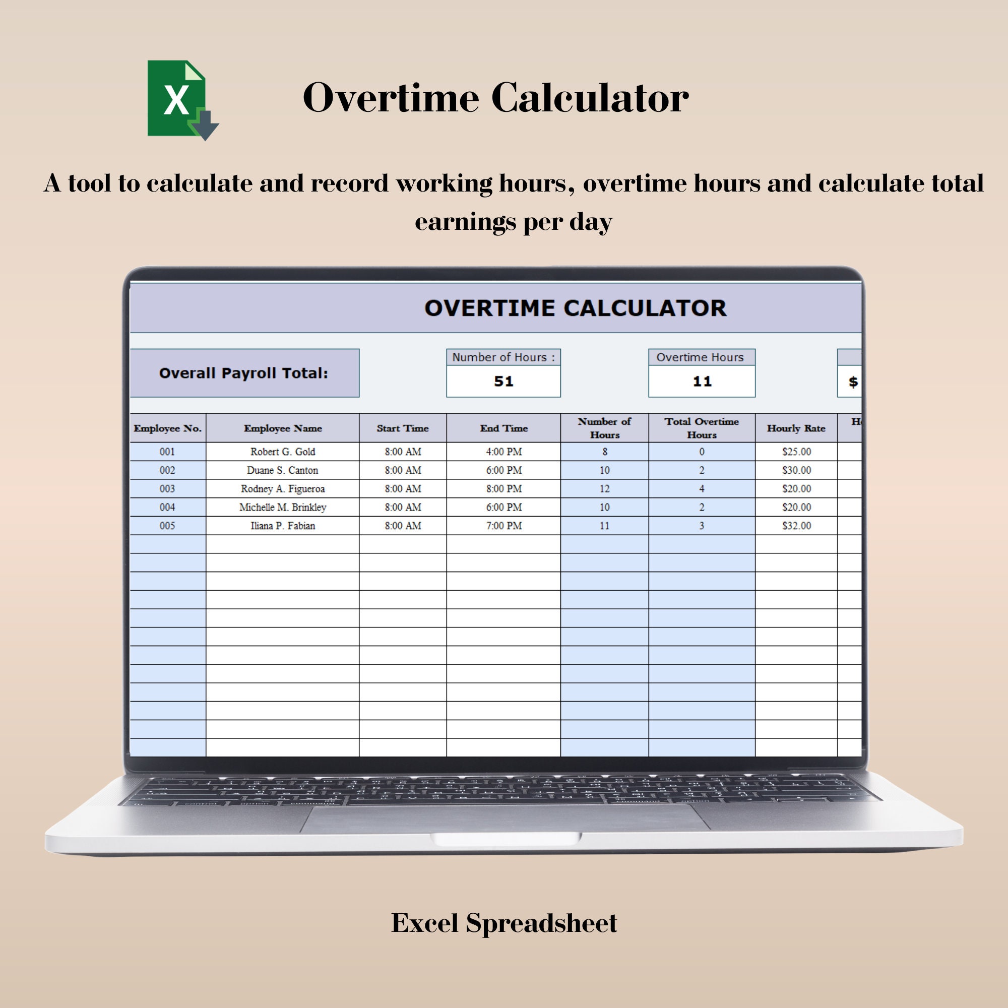 Automated Payroll Spreadsheet to Calculate Overtime, Overtime Calculator, Employee Payroll ...