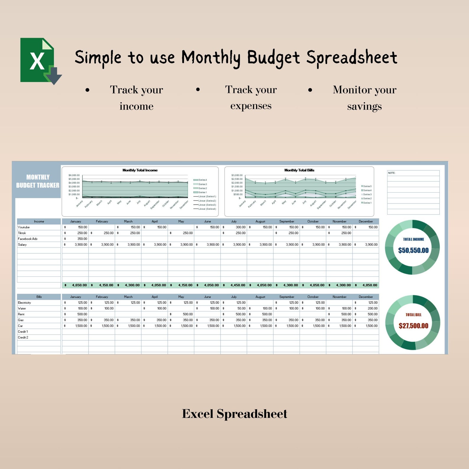 Monthly Budget Spreadsheet, Simple Annual Budget Spreadsheet, Personal ...