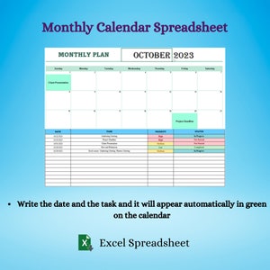 EDITABLE Monthly Calendar Spreadsheet, Excel Calendar Planner, Monthly ...
