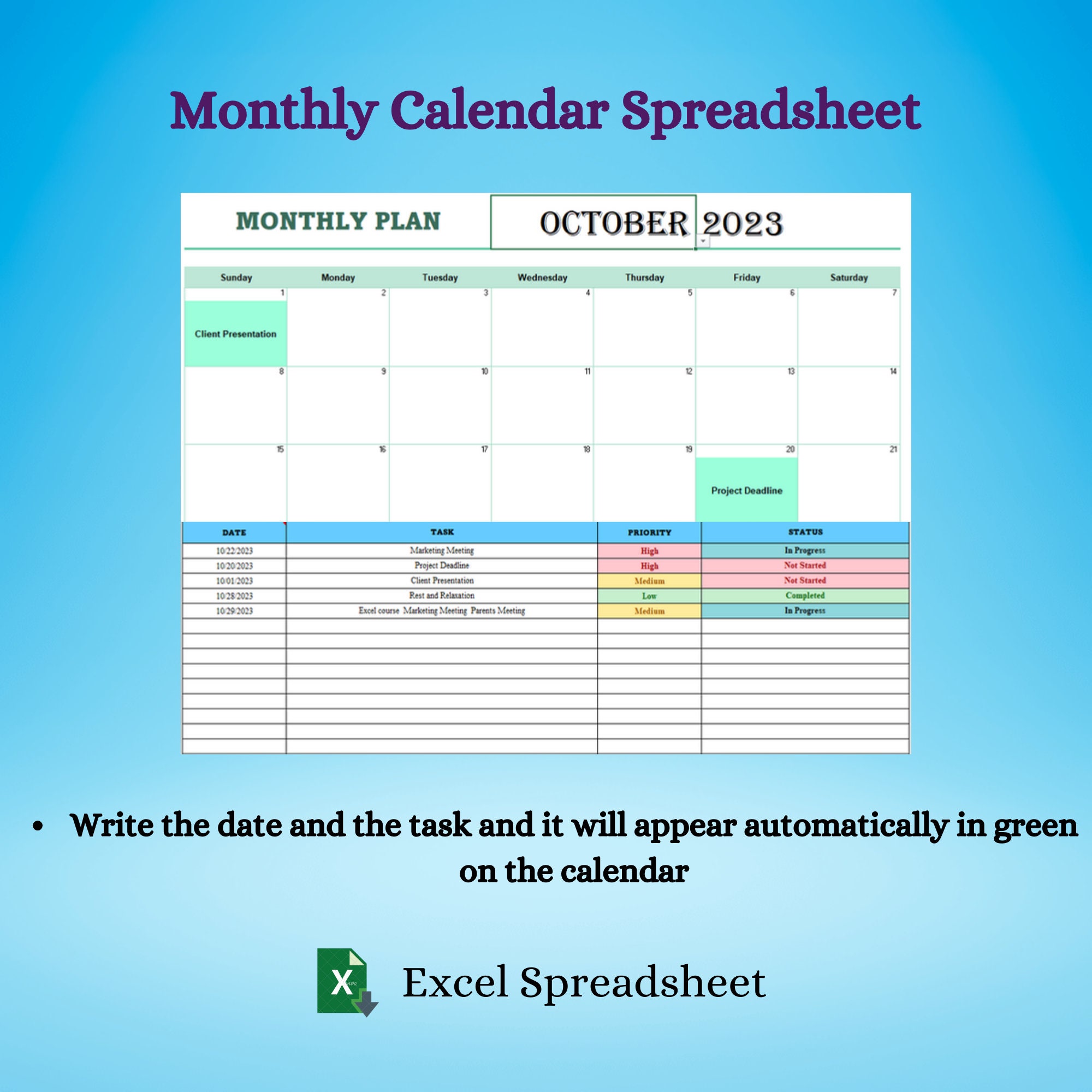 EDITABLE Monthly Calendar Spreadsheet, Excel Calendar Planner, Monthly ...