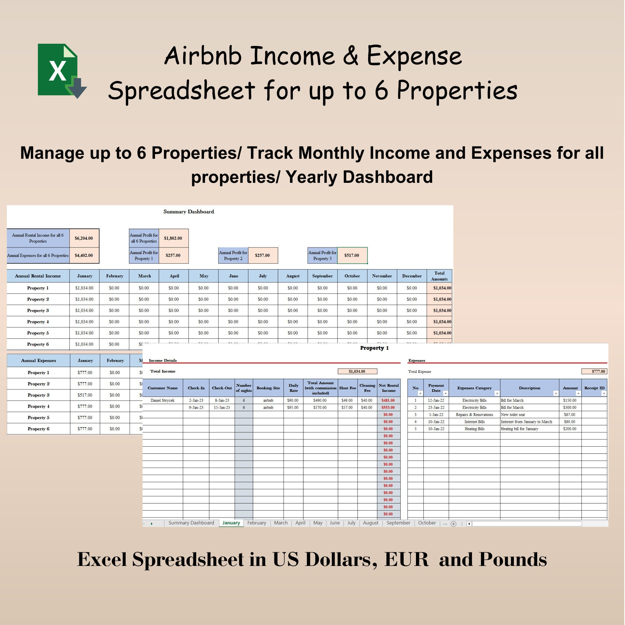 Airbnb Income and Expense Spreadsheet for 6 Properties, Rental Income ...