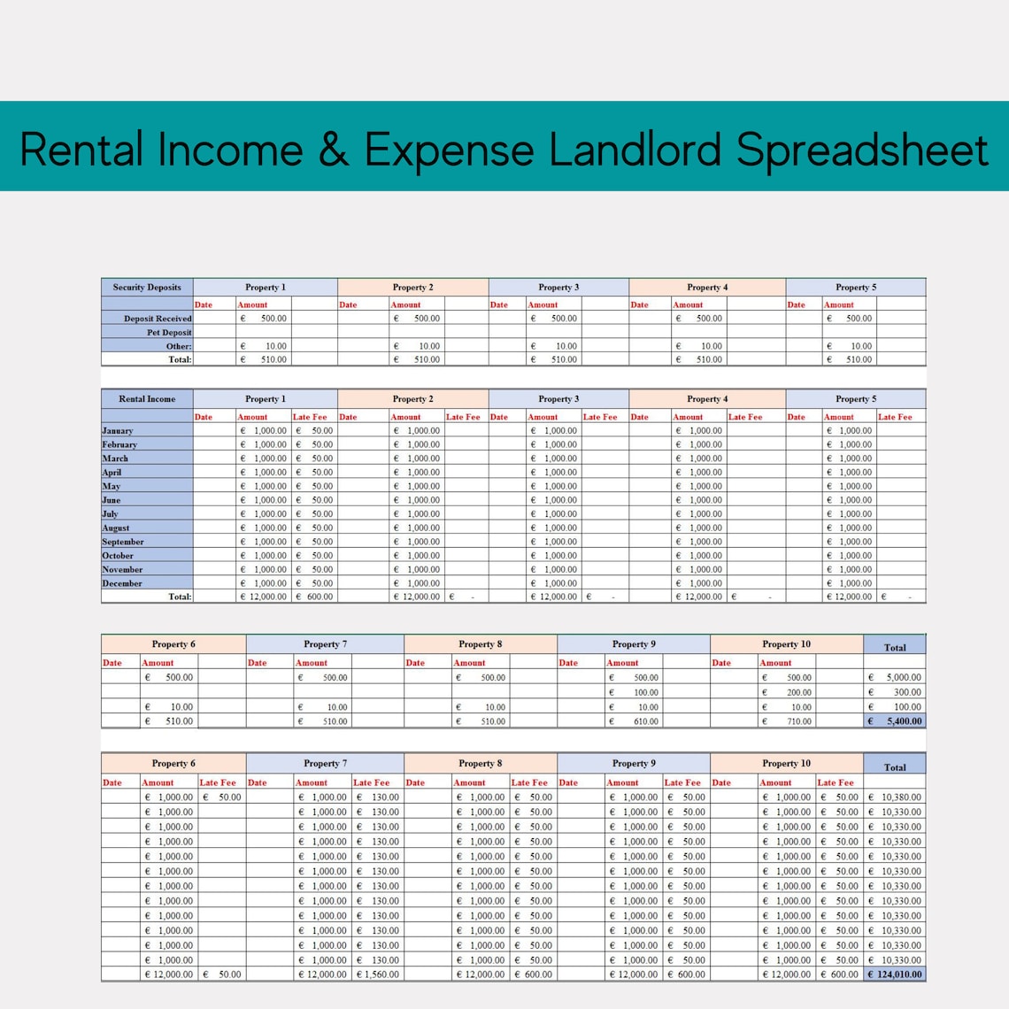 Landlord Rent Ledger Spreadsheet, Rental Property Income and Expense ...