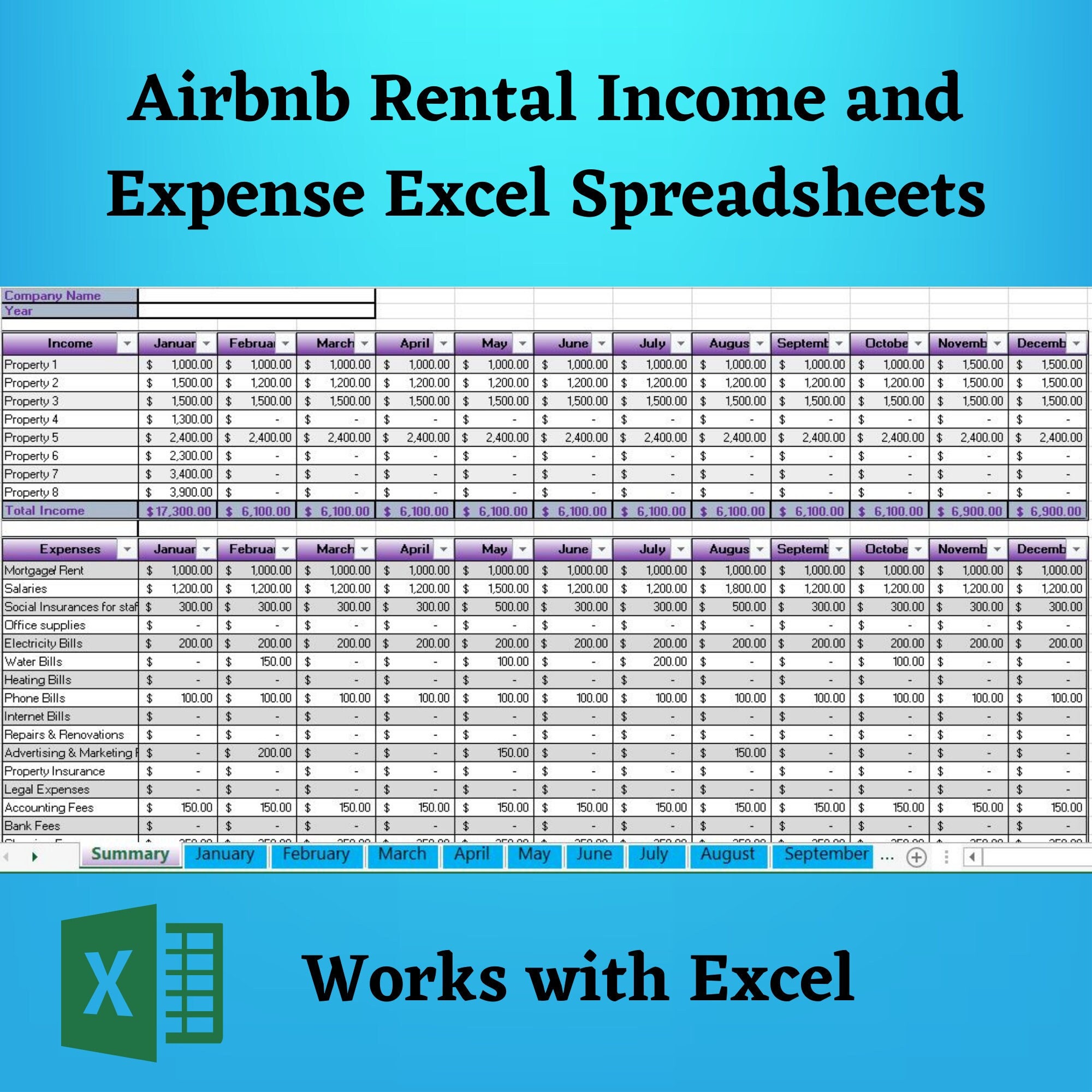 Airbnb Rental Income & Expense Spreadsheet USD, Rental Income and ...