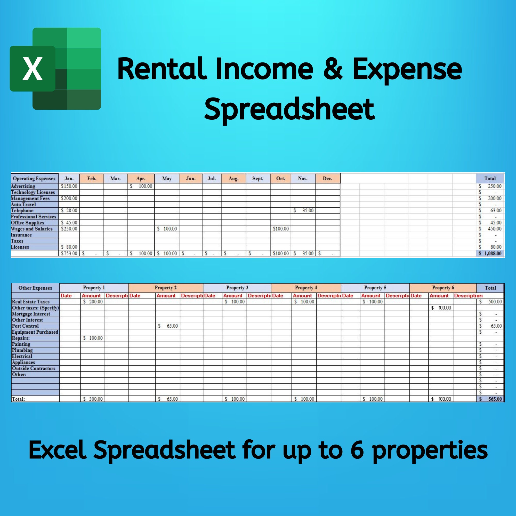 Landlord Rental Property Spreadsheet for up to 6 Properties, Rental ...