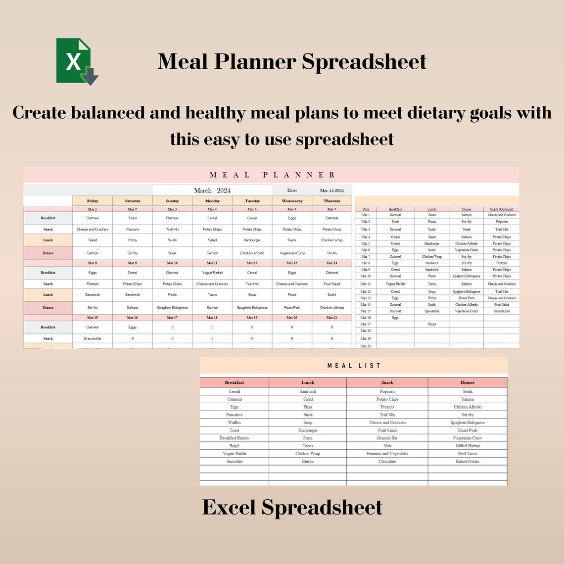 Meal Planner Spreadsheet, Monthly Meal Prep Template, Family Meal ...
