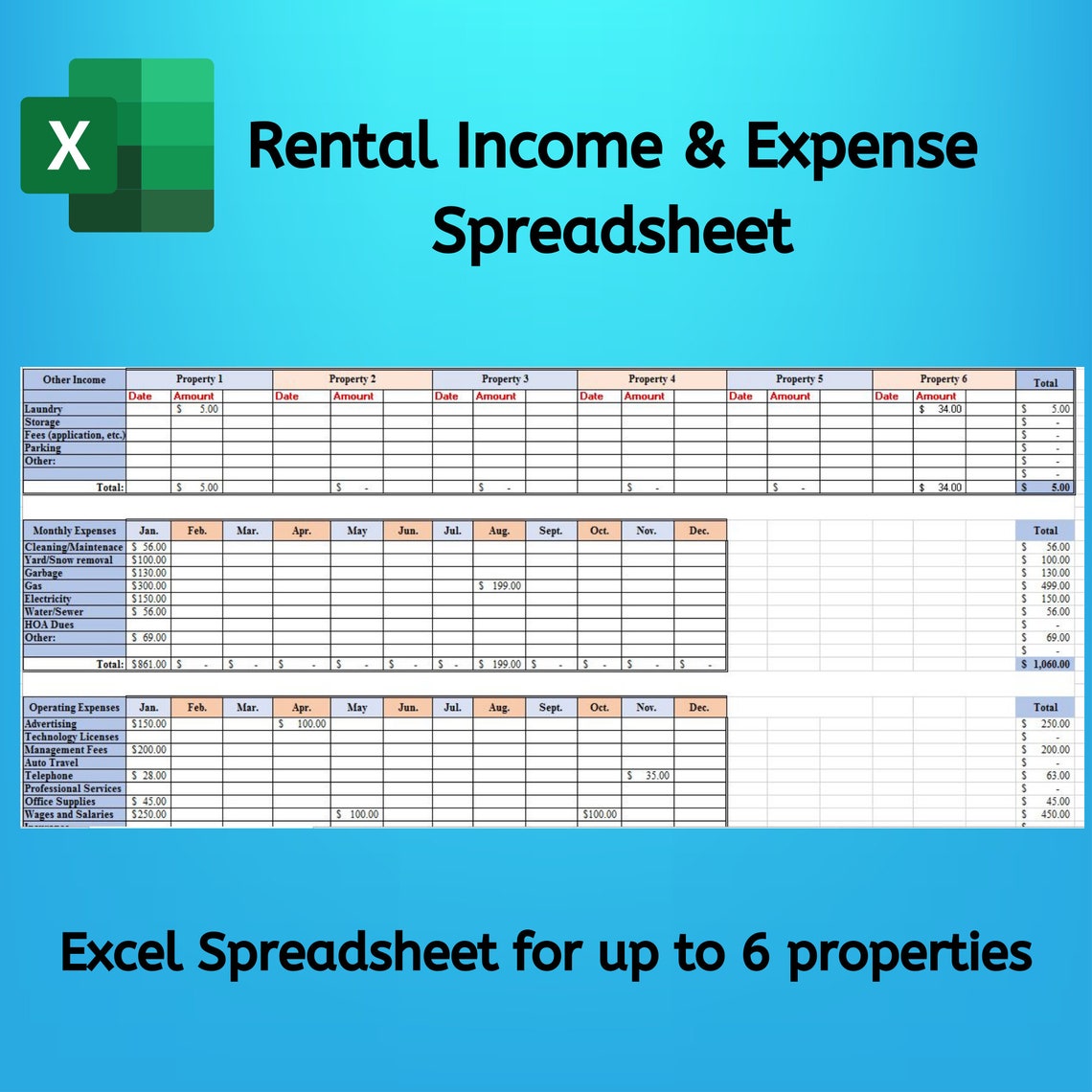 Landlord Rental Property Spreadsheet for up to 6 Properties, Rental ...