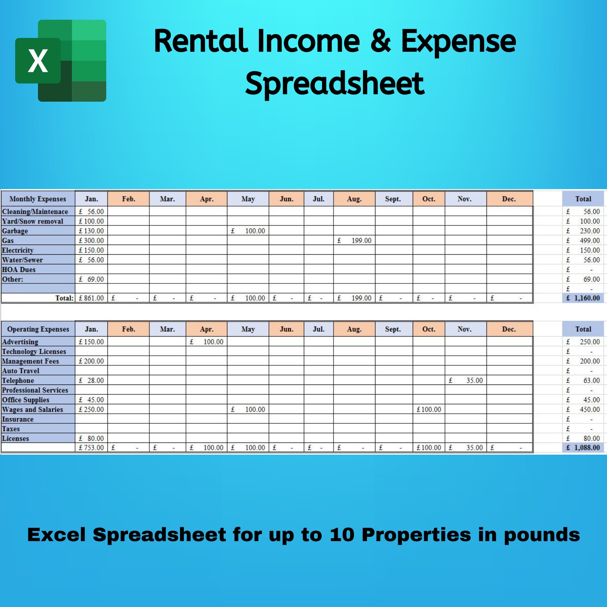 Rental Income & Expense Spreadsheet for up to 10 Properties in POUNDS ...