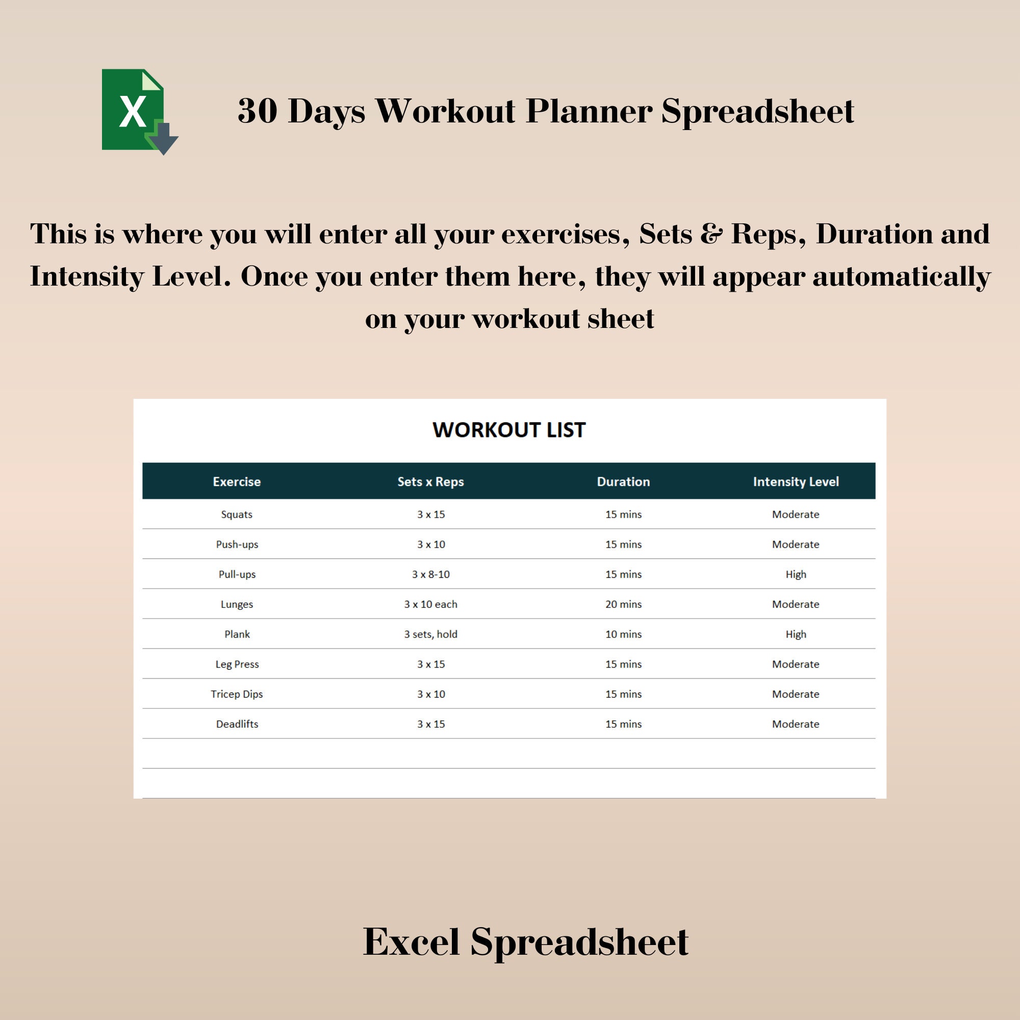 30 Days Workout Planner Spreadsheet, Workout Tracker Excel, Fitness ...