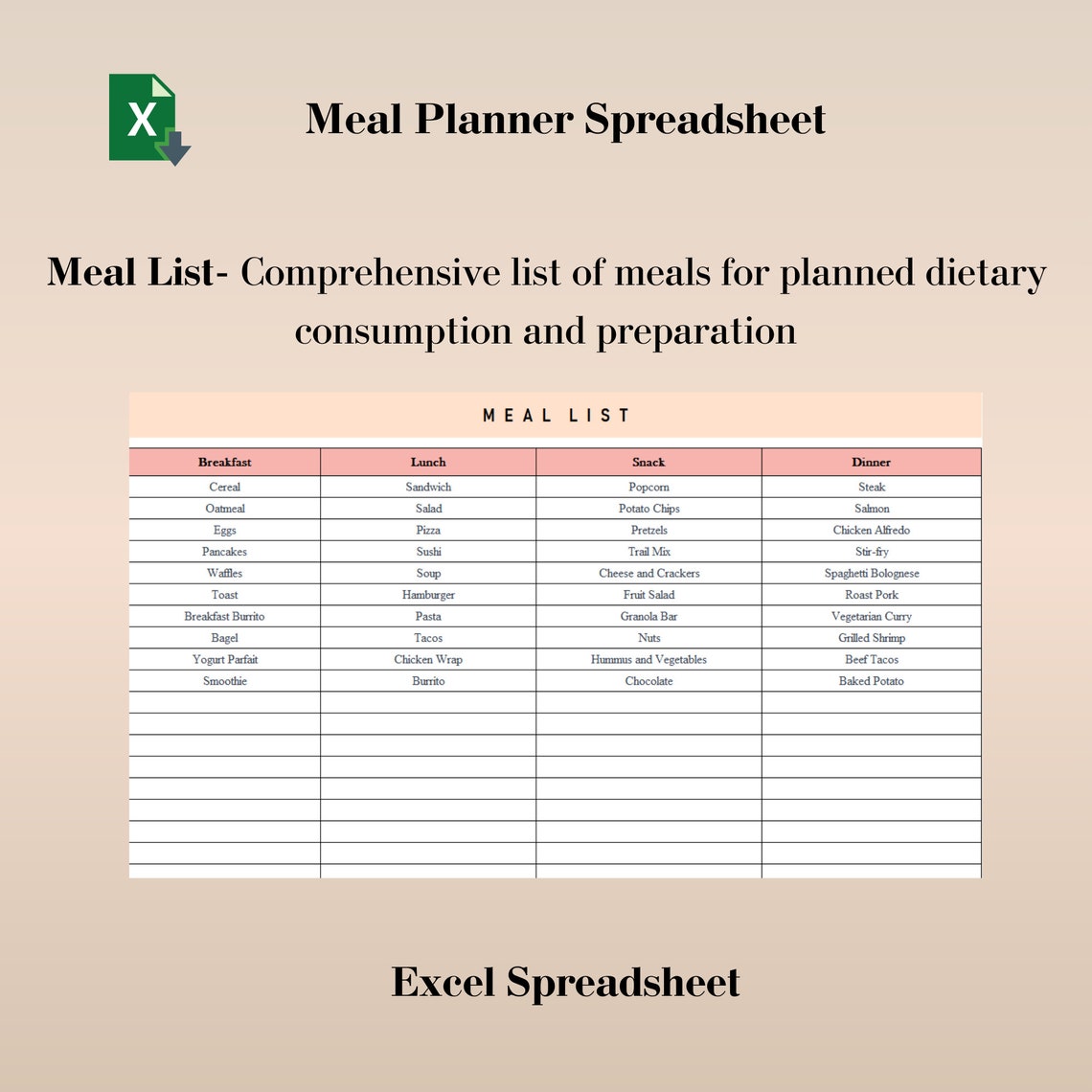Meal Planner Spreadsheet, Monthly Meal Prep Template, Family Meal ...