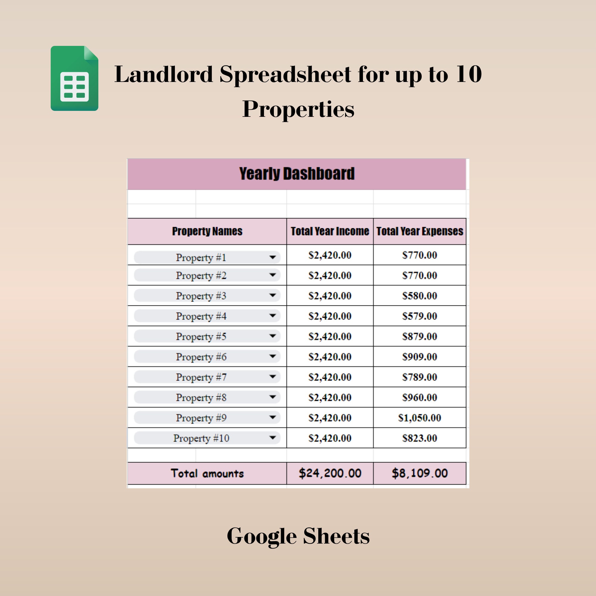 Landlord Property Spreadsheet in Google Sheets for up to 10 Properties ...