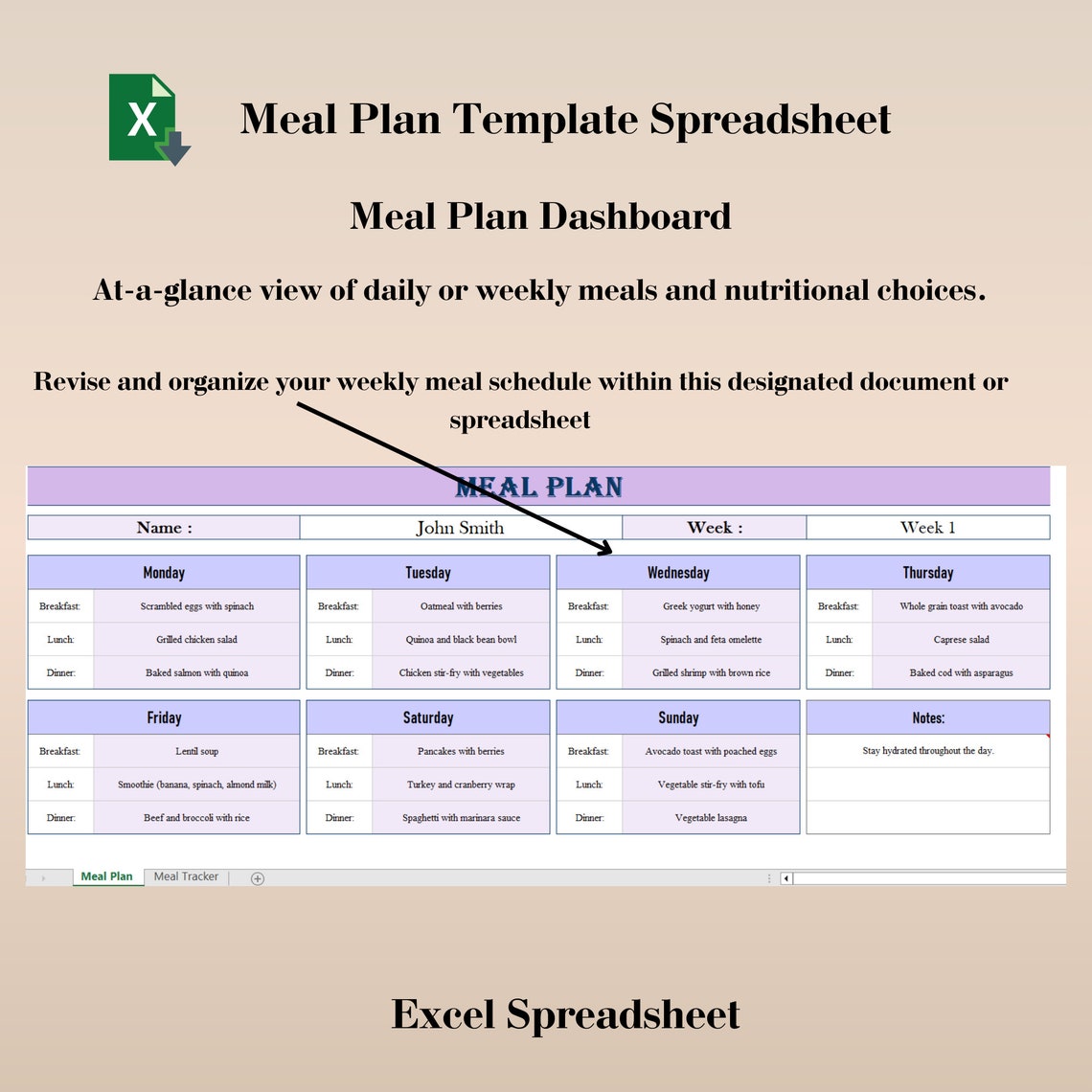 Meal Plan Template Spreadsheet, Weekly Meal Plan Excel, Meal Tracker ...