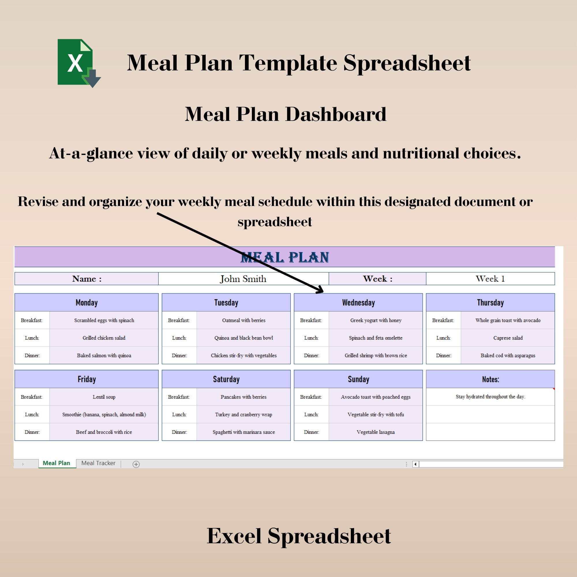 Meal Plan Template Spreadsheet, Weekly Meal Plan Excel, Meal Tracker ...