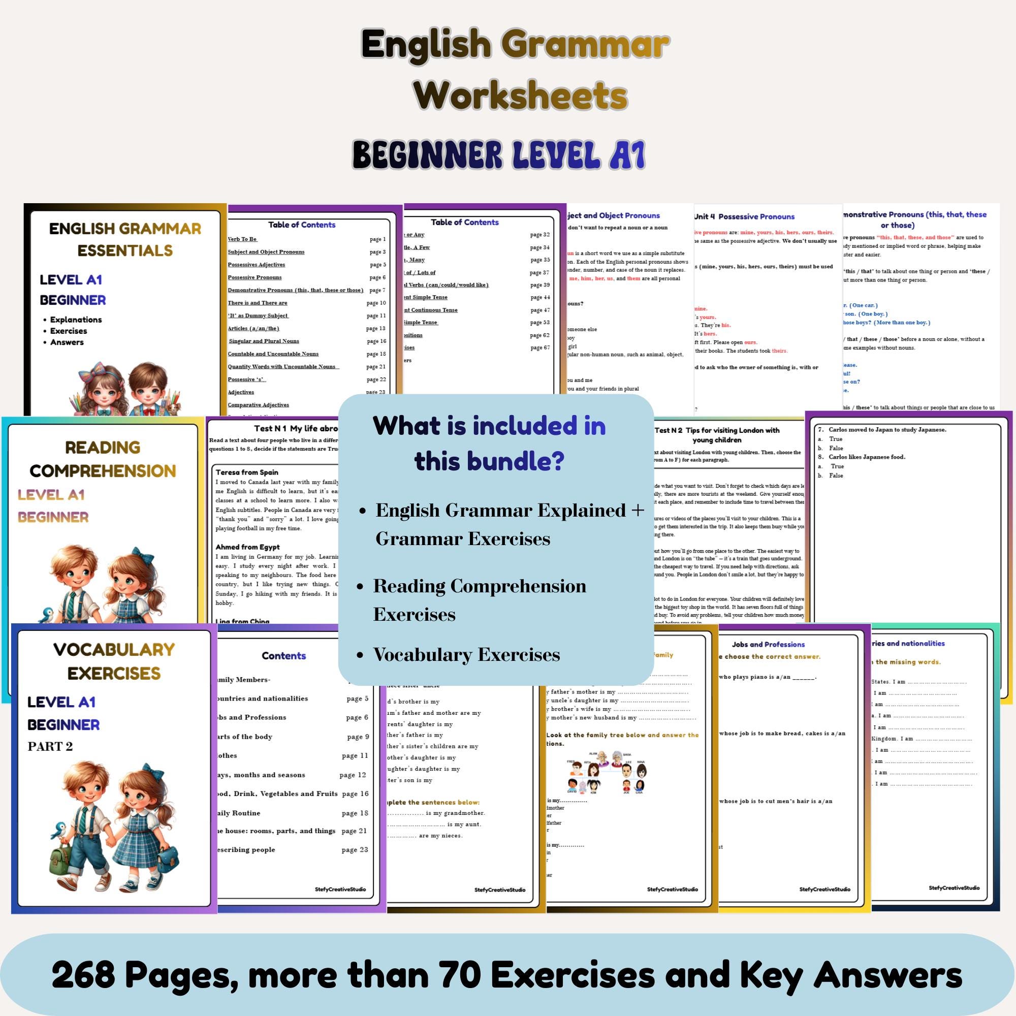 English Grammar Worksheet Bundle Level A1, English Grammar Workbook for ...