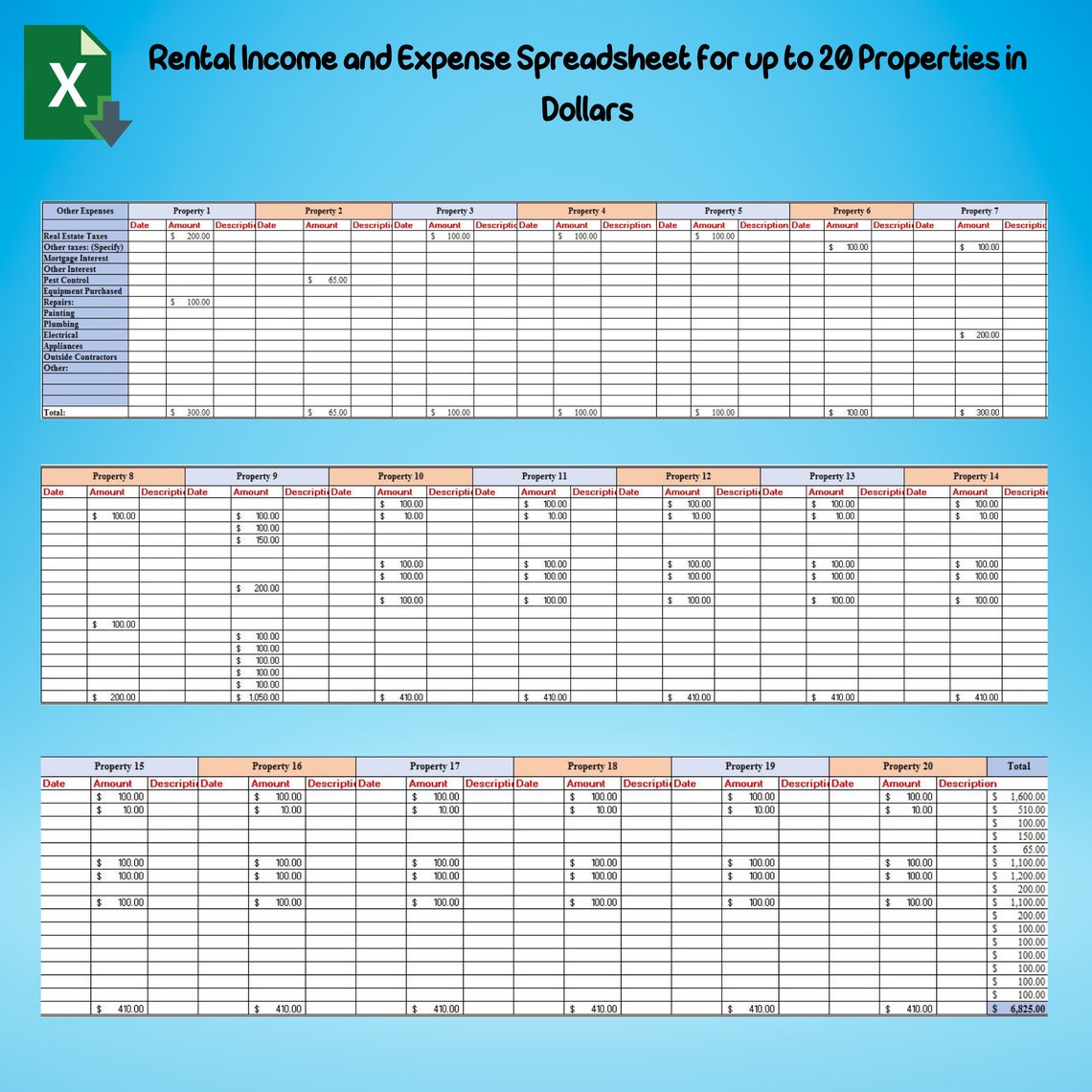Rental Income and Expense Tracker for 20 Properties, Landlord Property ...